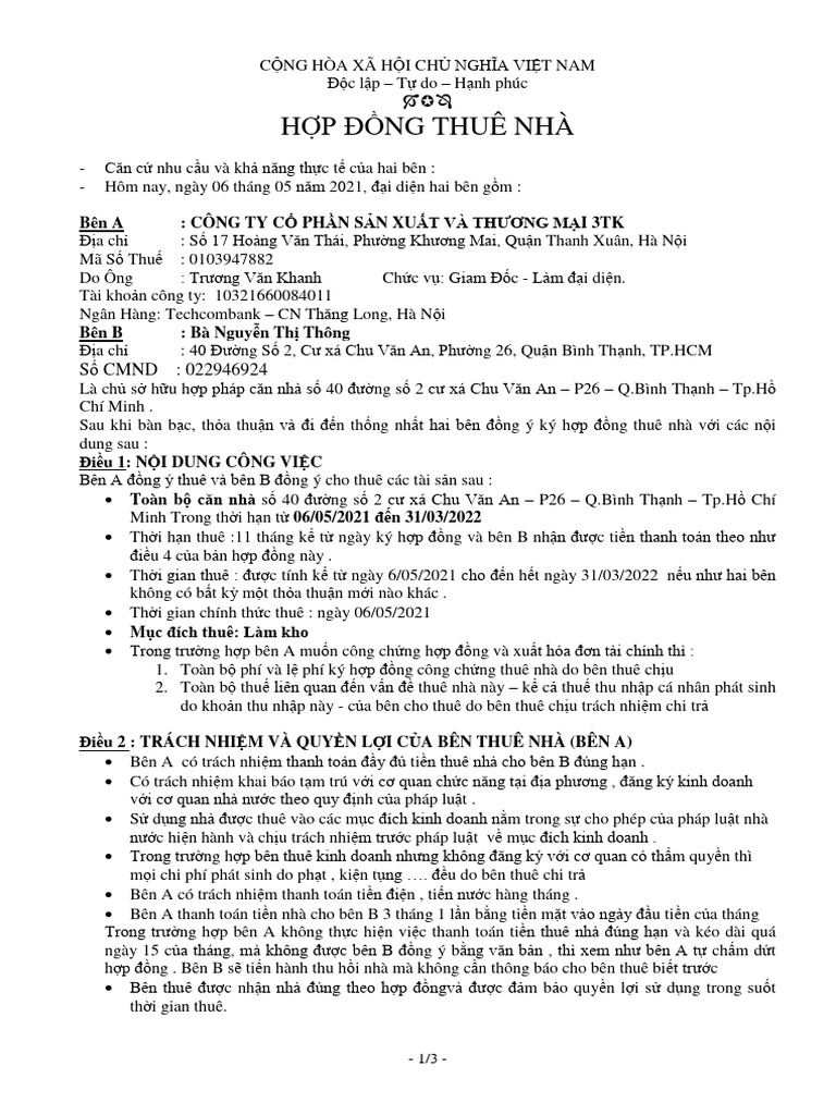 Hop Dong Thue Nha So 40 - T5. 2021 | PDF