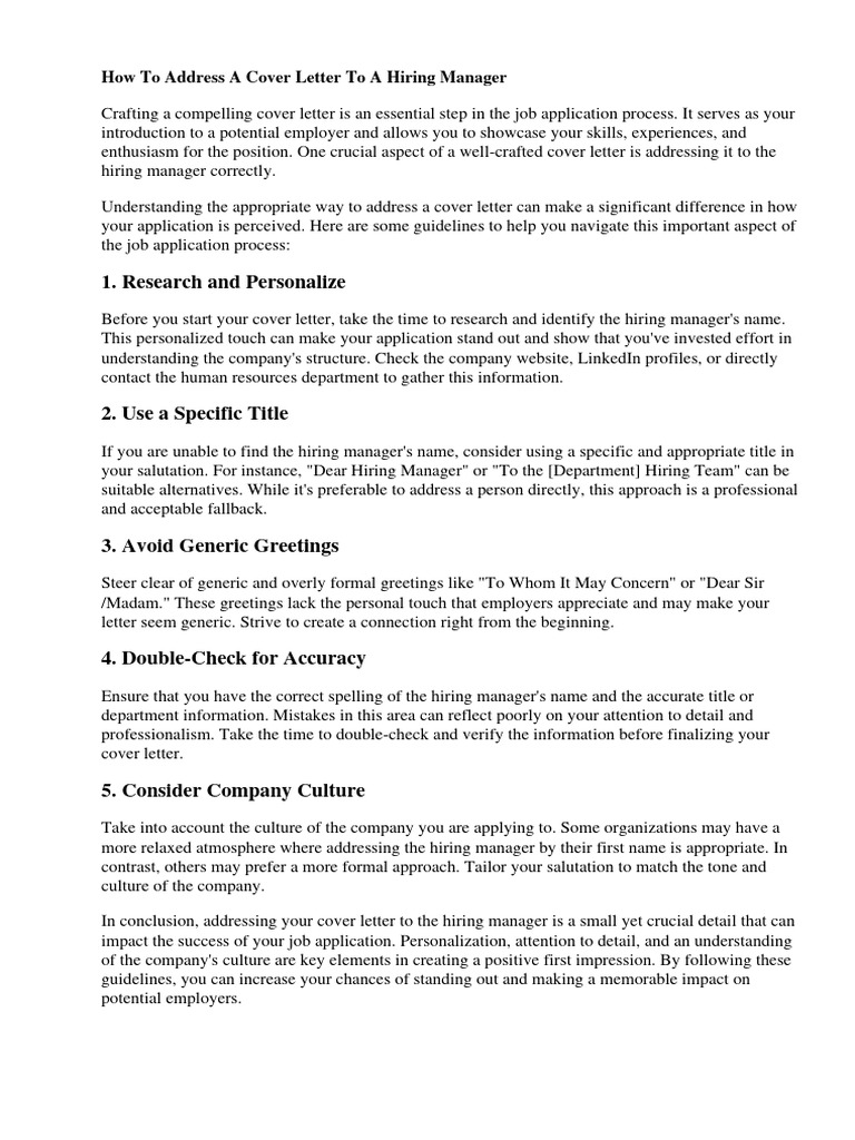 How To Address A Cover Letter To A Hiring Manager | PDF | Résumé ...