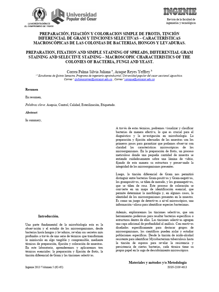 PREPARACIÓN, FIJACIÓN Y COLORACION SIMPLE DE FROTIS, TINCIÓN ...