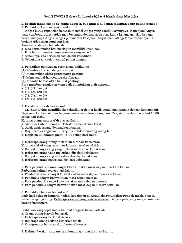 Soal PTS B Indo Kelas 4 Semester 2 Kurikulum Merdeka | PDF | Kajian Bahasa Asing | Griya & Taman
