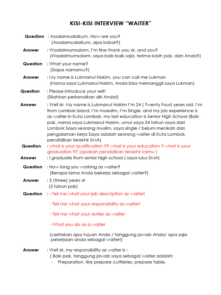 Kisi - Kisi Interview Waiter Dunkin Donuts | PDF