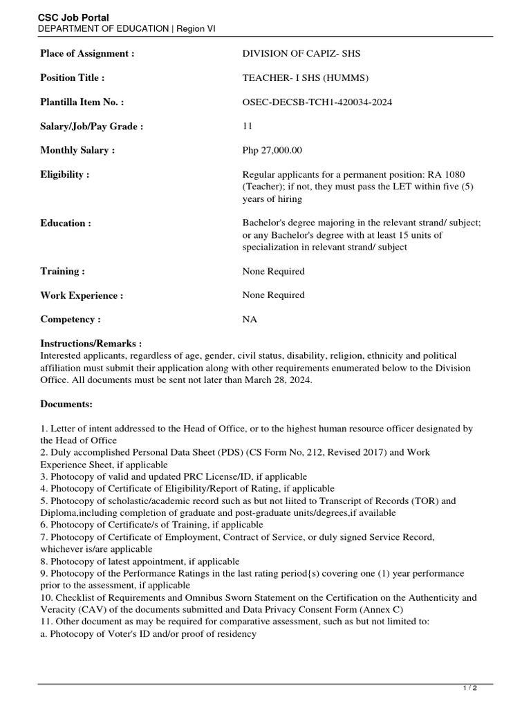 Department of Education-Teacher - I SHS Humms | PDF