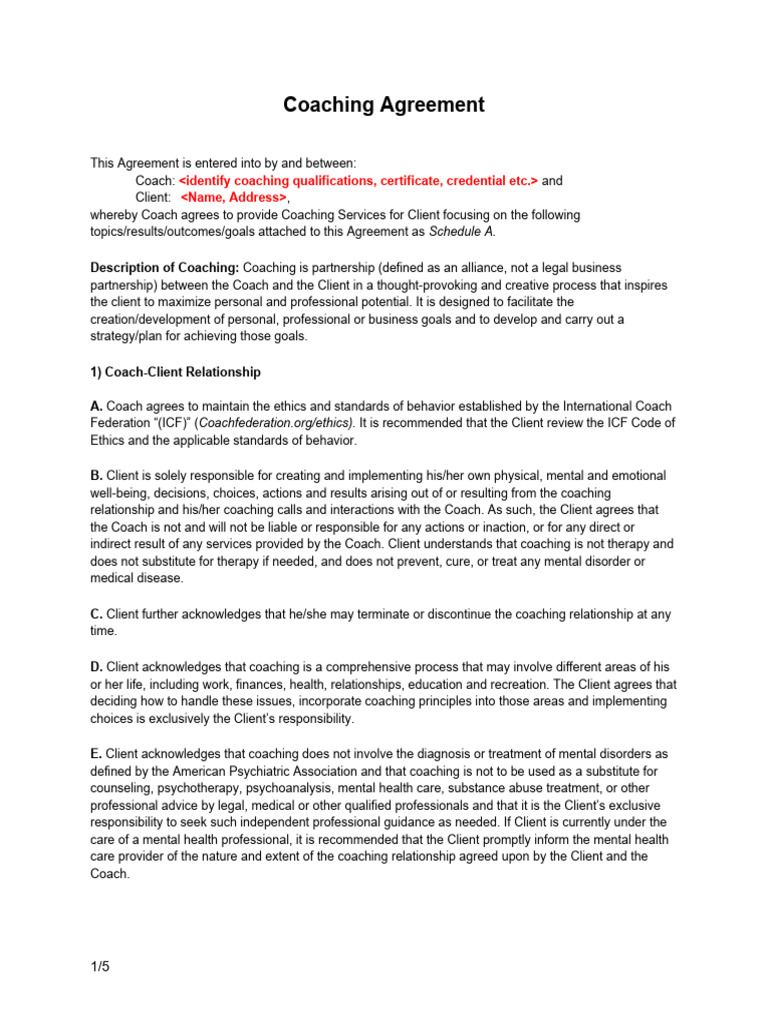Coaching Agreement | Download Free PDF | Confidentiality | Psychotherapy