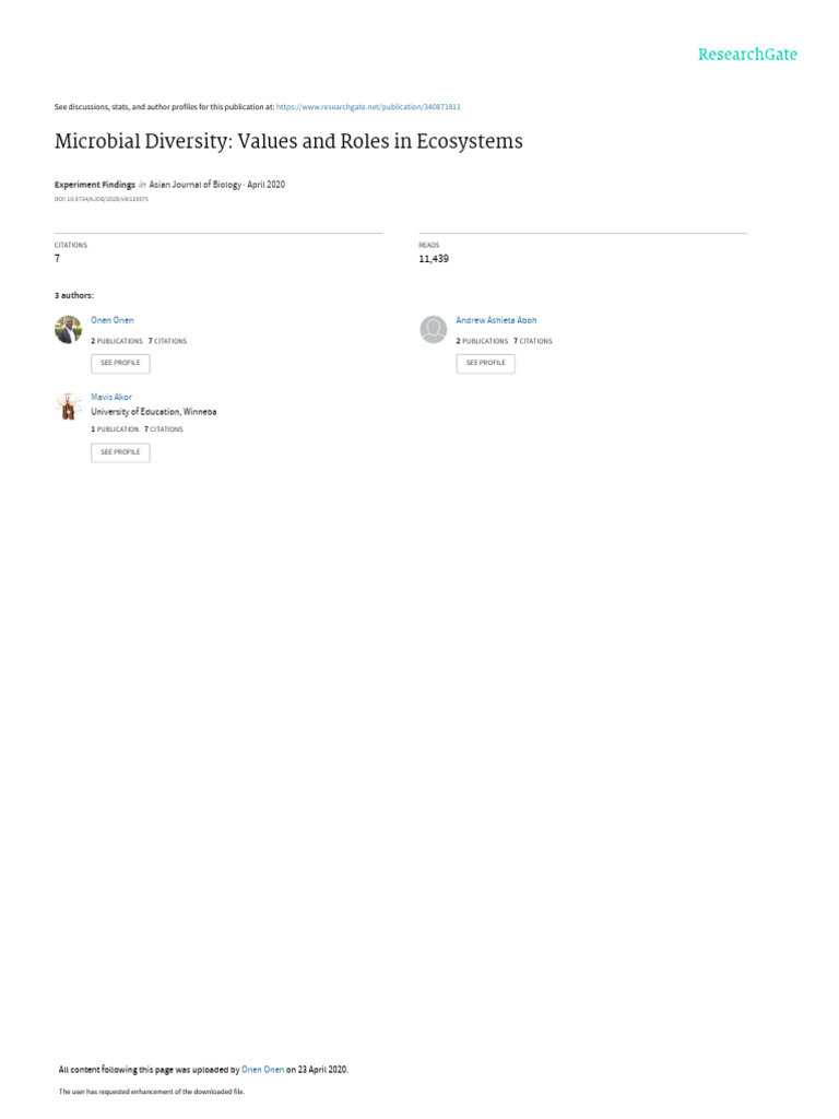 Microbial Diversity - Values and Roles in Ecosystems | PDF | Microorganism | Ecosystem