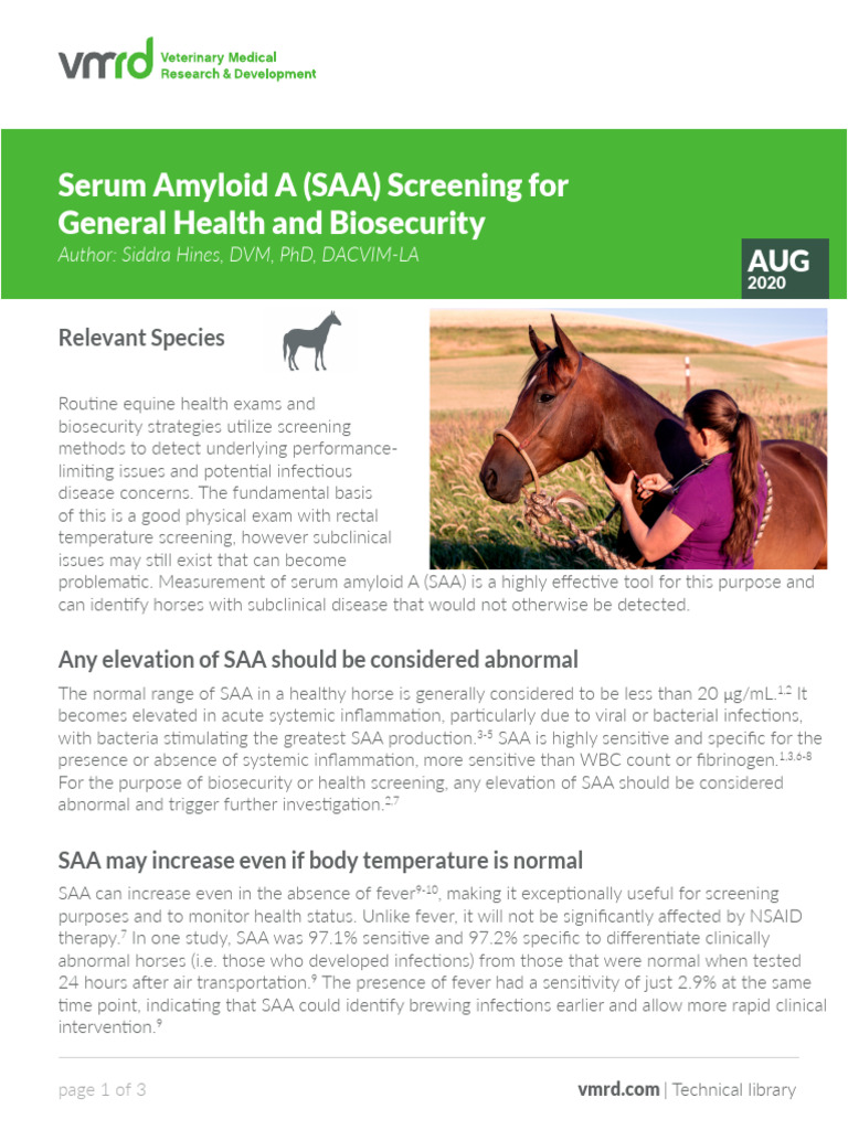 Serum Amyloid a (SAA) Screening for General Health and Biosecurity | PDF | Infection | Screening ...