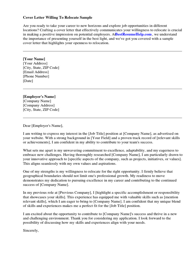 Cover Letter Willing To Relocate Sample | PDF | Résumé | Employment