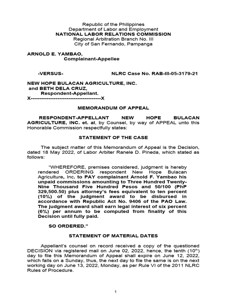 NLRC-Memorandum of Appeal (Yambao) - 10june2022 | PDF | Employment ...