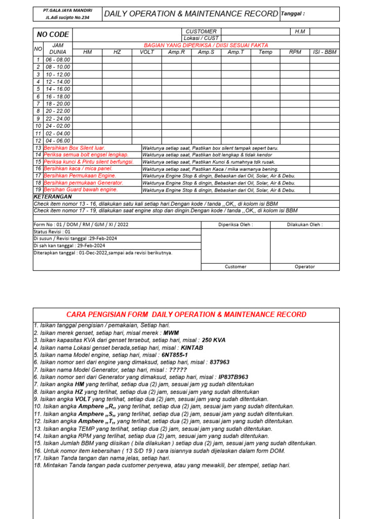 Form Check List Daily Maintenance - dom-PONTI | PDF