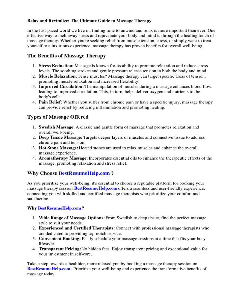 Massage Therapist Resume Samples | PDF | Massage | Relaxation (Psychology)