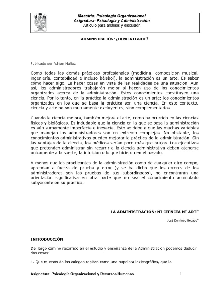 Articulo Admon Ciencia o Arte 1 | PDF