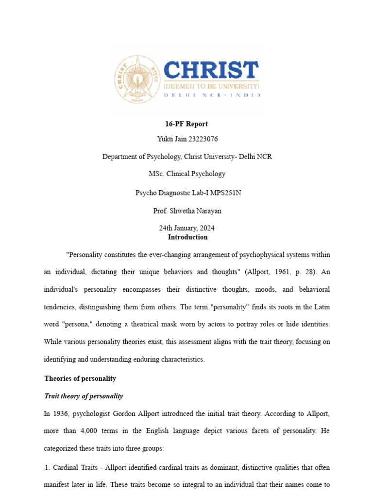 Yukti Jain 16 PF REPORT | PDF | Psychology | Behavioural Sciences