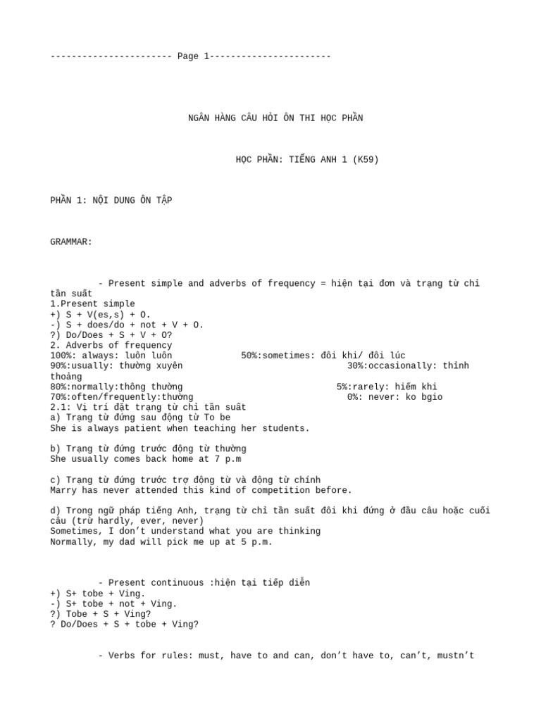 N1 - TA1 - CQ-2022 - NH câu hỏi ôn thi HP (K59) | PDF