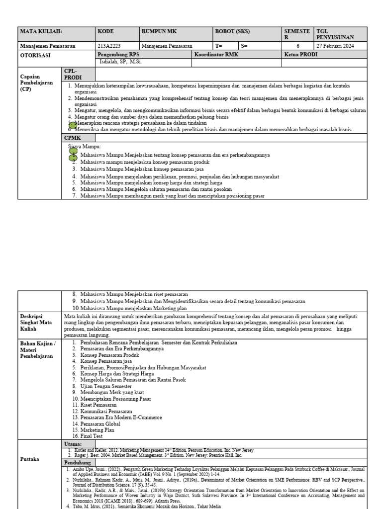RPS. Manajemen Pemasaran II | PDF
