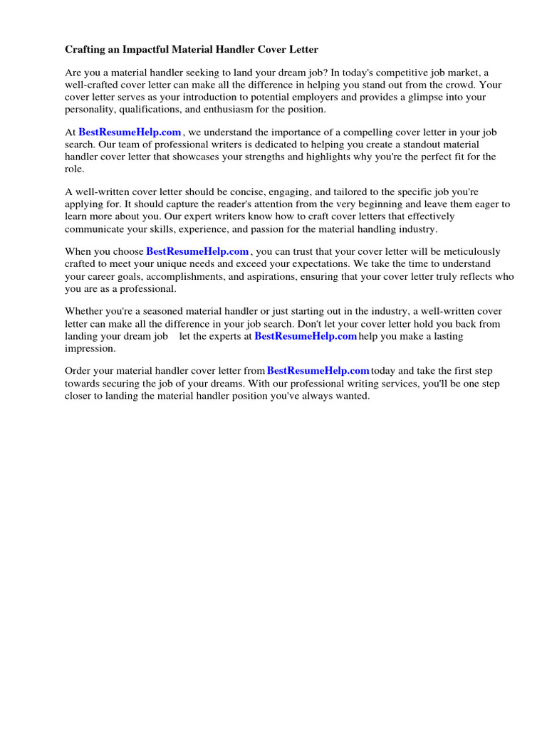 Material Handler Cover Letter | PDF | Warehouse | Forklift Material Handler Cover Letter | PDF | Warehouse | Forklift