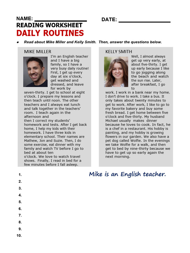 Reading Worksheet Daily Activities | PDF