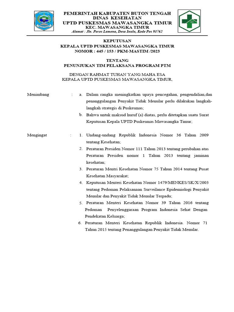 SK Penunjukkan Tim Tim Pelaksana Program PTM | PDF