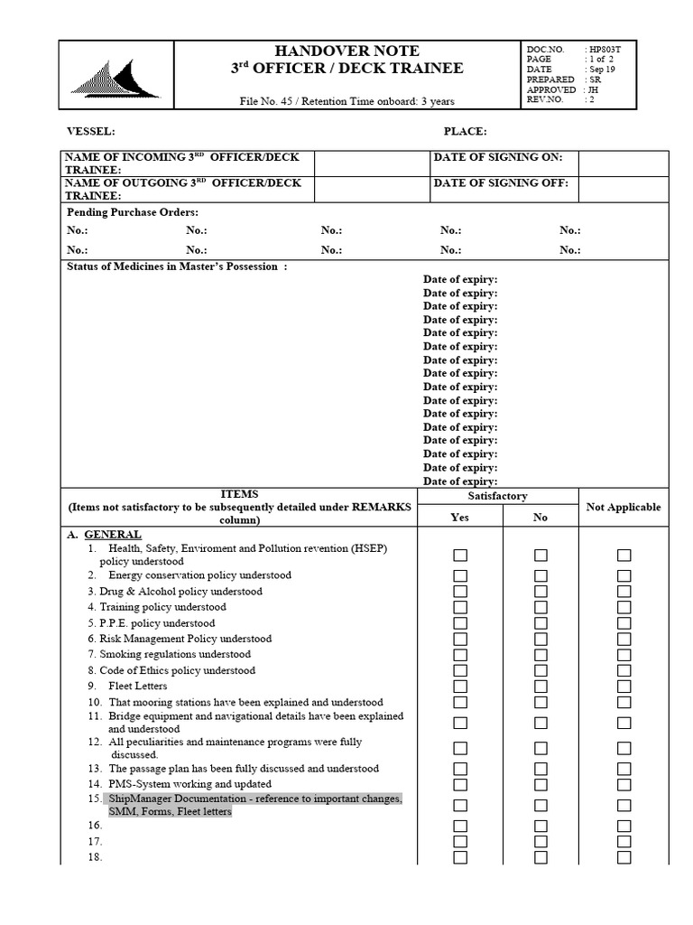 HP803T - Handover Note 3rd Officer | PDF | Medicine | Health Care