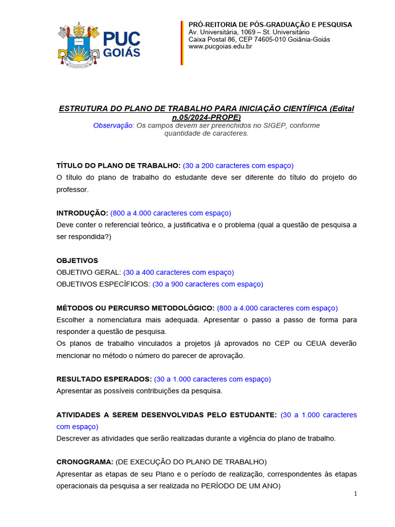 Modelo de Plano de Trabalho Do Estudante 2024 PIBIC | PDF | Science