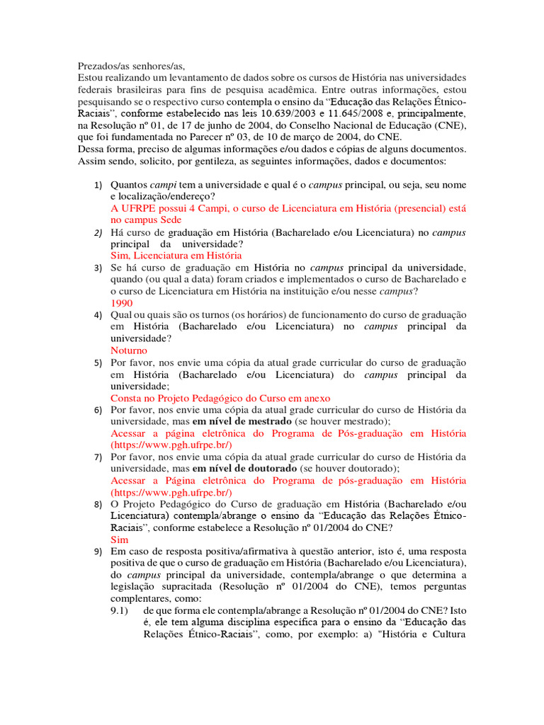 Questionário e Projeto Pedagógico Lic Em História | PDF