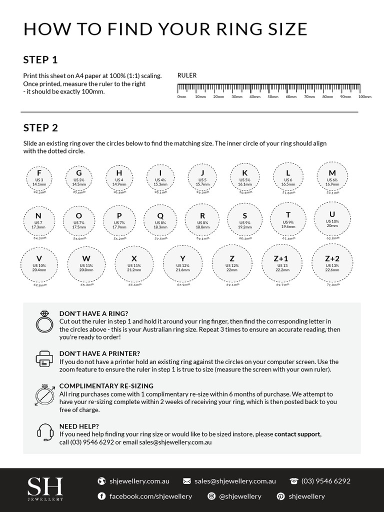 SH Jewellery Printable Ring Sizer Tool Au | PDF