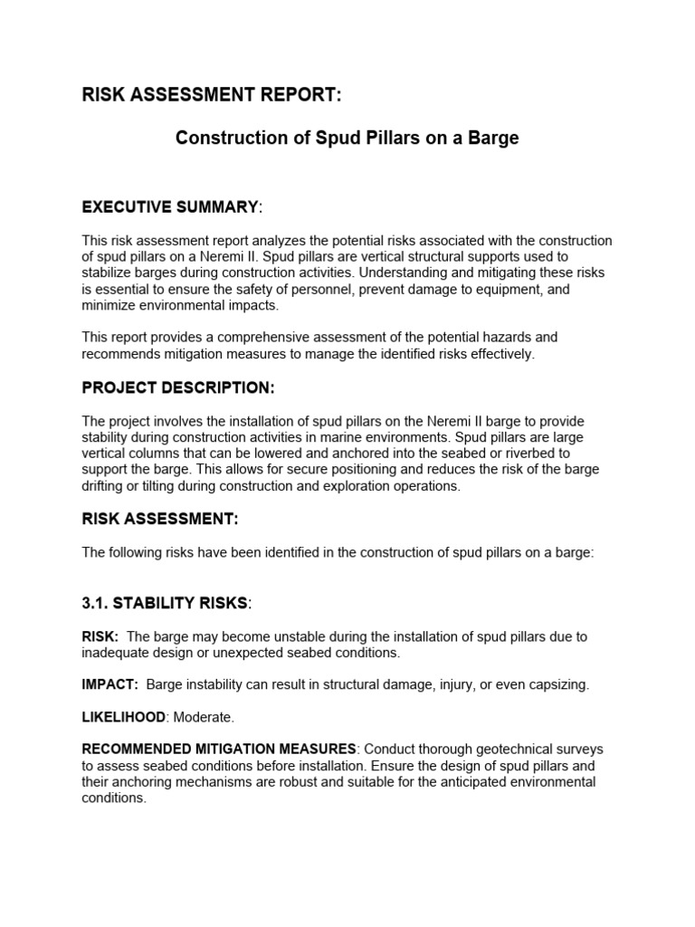 nRISK ASSESSMENT REPORT - Construction of Spud Pillars On A Barge | PDF ...