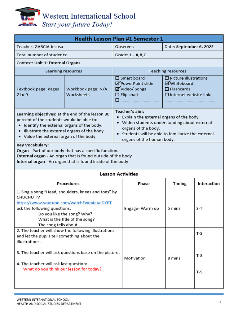 External Organs Lesson Plan for Grade 1 | PDF | Teachers | Learning
