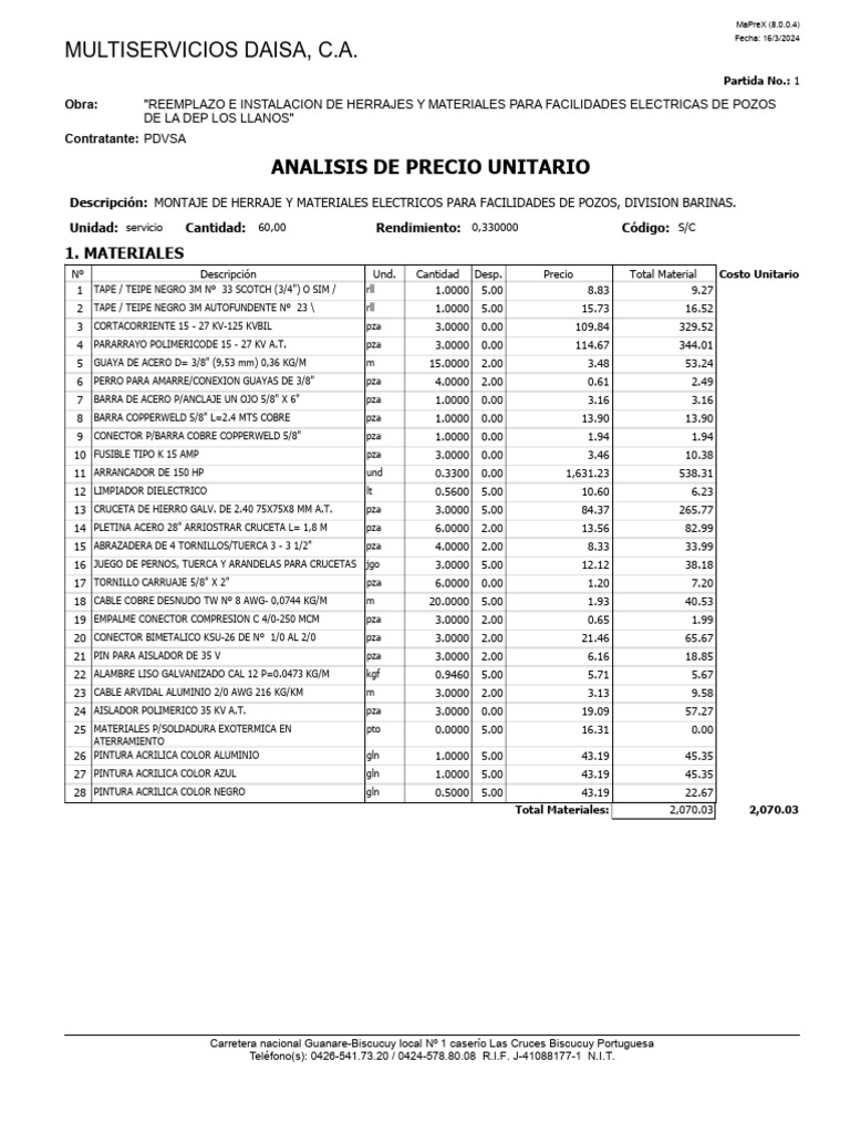 Análisis de Costos: PDVSA Barinas | PDF | Ingenieria Eléctrica | Sector ...