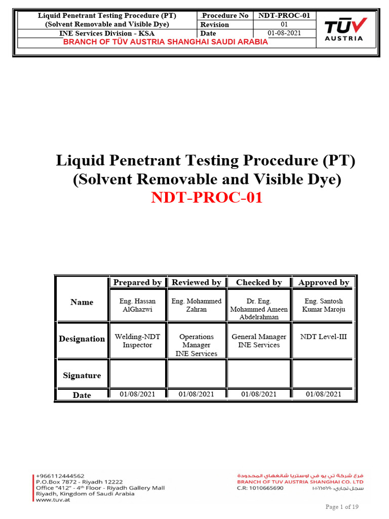 01 (NDT-PROC-01) Rev.01 PT | PDF | Nondestructive Testing | Chemistry