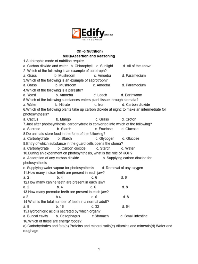 CH - 5 (Nutrition) MCQ/Assertion and Reasoning | Download Free PDF | Digestion | Nutrition