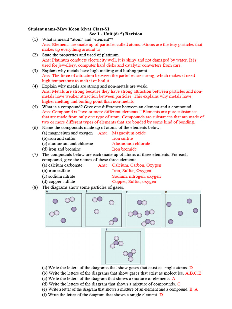 Sec 1 Unit (6+5) Revision (2) | PDF | Chemical Compounds | Chemical Elements