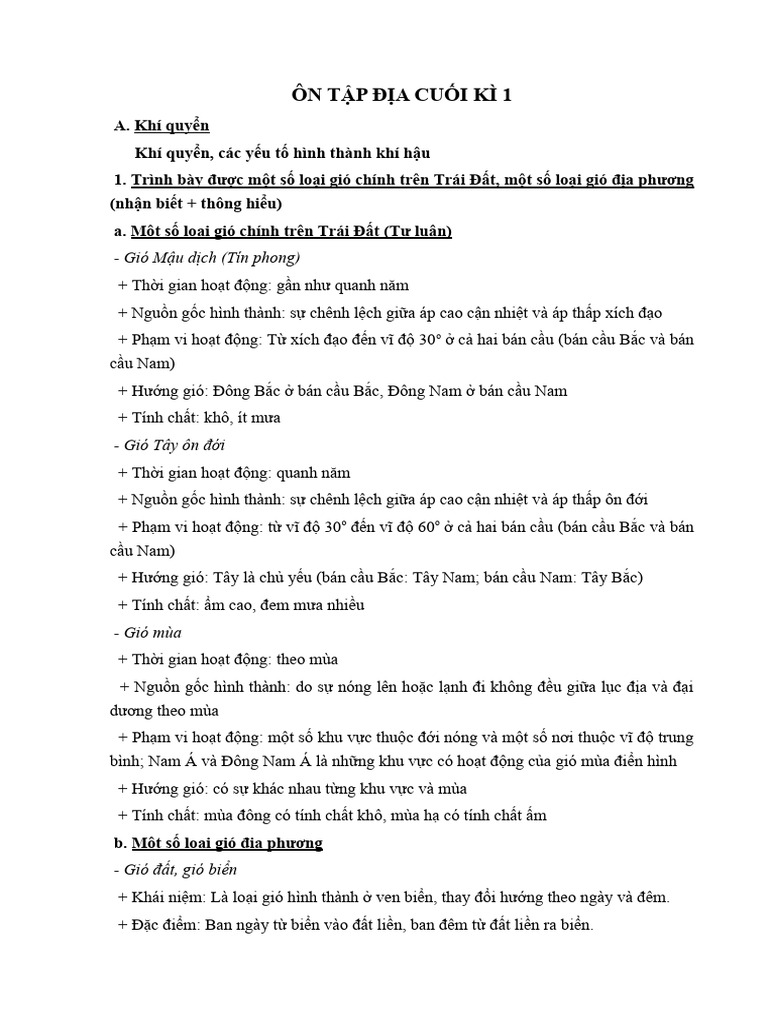 Ôn tập địa cuối hk1 | PDF