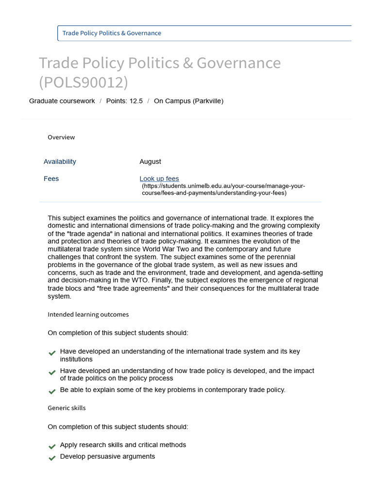 Trade Policy Politics & Governance (POLS90012) - The University of ...