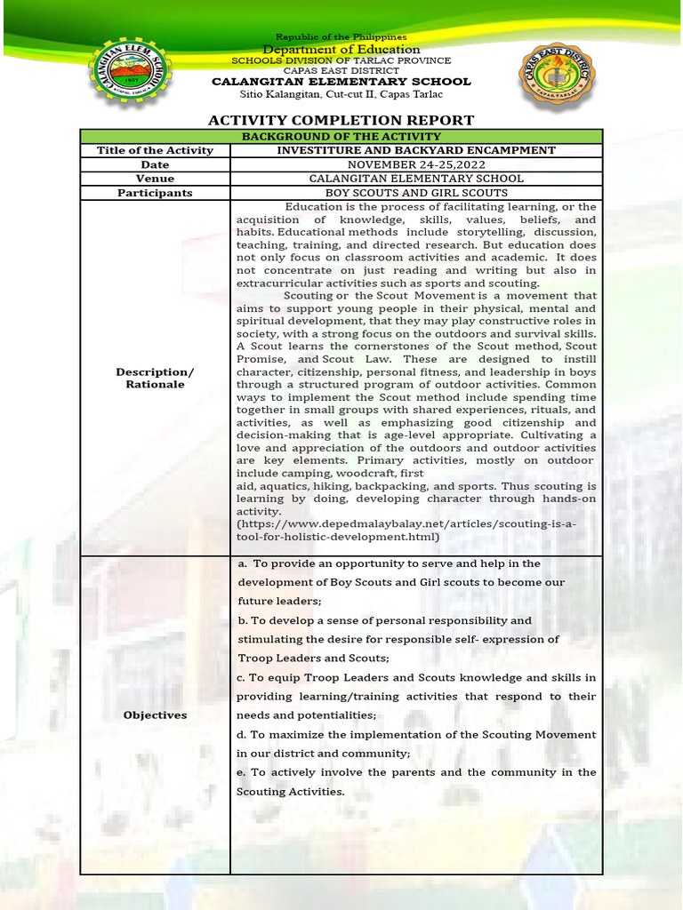 Activity Completion Report Investiture and Backyard Camping | PDF | Scouting | Hand Washing