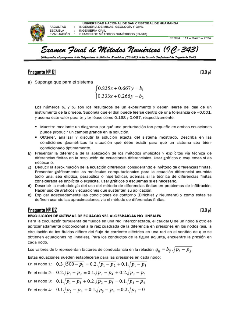 Examen Final de Metodos Numericos (IC-343) - Ingeniería Civil UNSCH 2024-I | PDF | Análisis ...