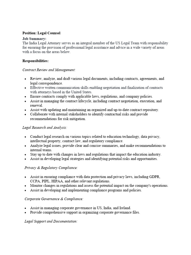 Job Summary:: Position: Legal Counsel | PDF | Regulatory Compliance ...
