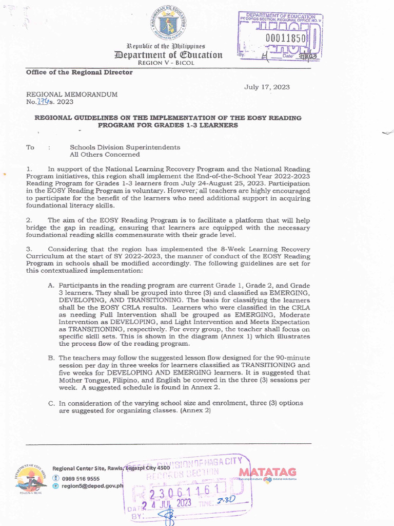 Unnumbered July 24, 2023 Regional Guidelines On The Implementation of The EOSY Reading Program ...