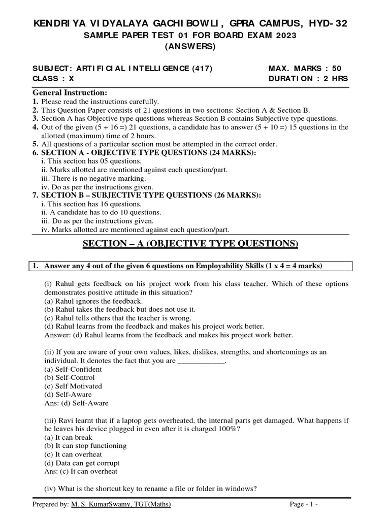 Artificial Intelligence 417 Class X Sample Paper Test 01 For Board Exam ... Artificial Intelligence 417 Class X Sample Paper Test 01 For Board Exam ...