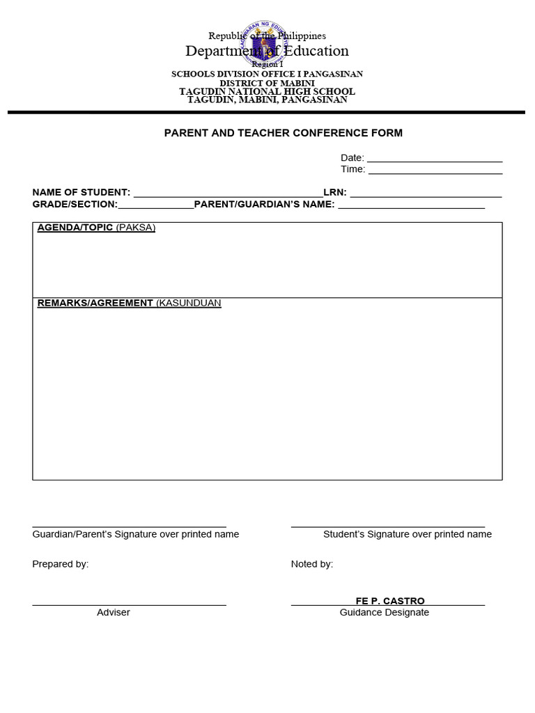 Parent and Teacher Conference Form | PDF