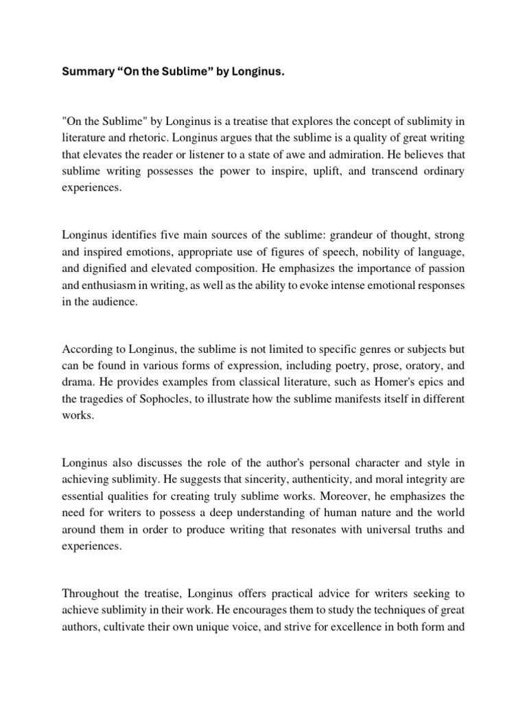 Summary "On The Sublime" by Longinus | PDF