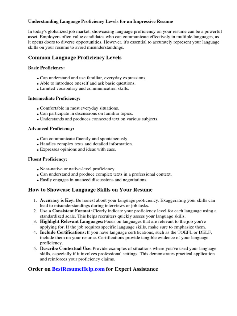 Language Proficiency Levels Resume | PDF | Résumé | Human Communication