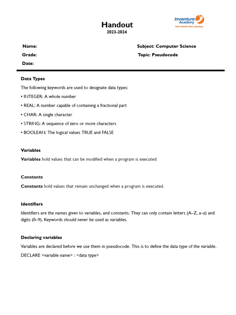 Pseudocode - Handout - 2023-24 - Grade 8 | PDF | Boolean Data Type ... Pseudocode - Handout - 2023-24 - Grade 8 | PDF | Boolean Data Type ...