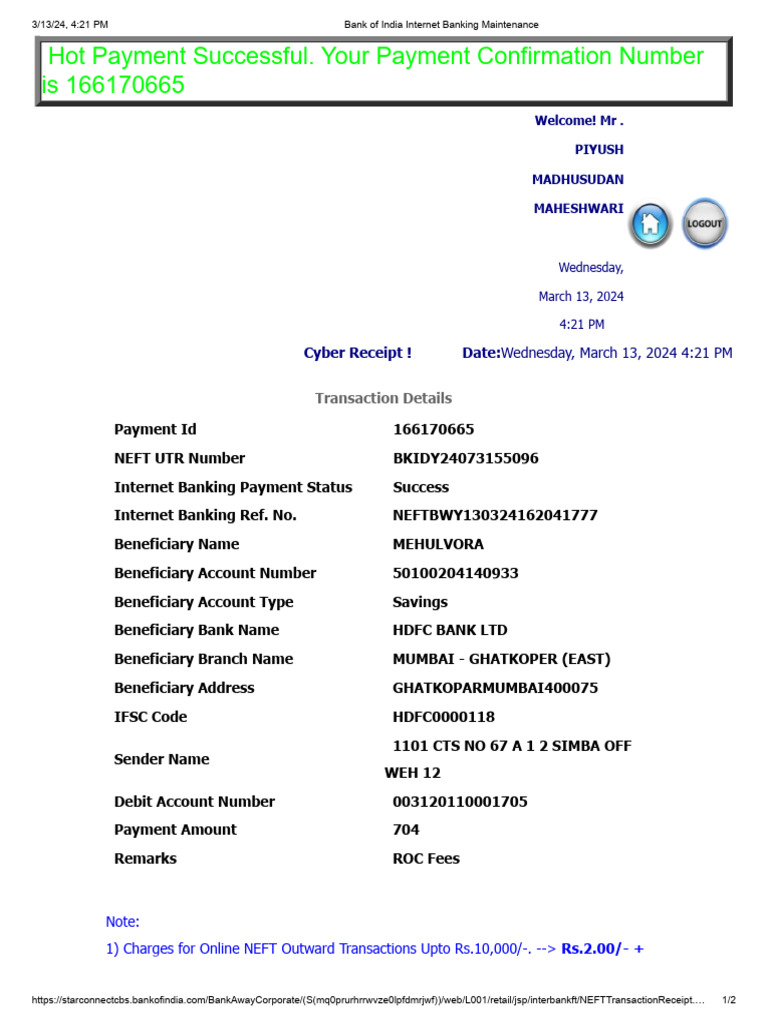 NEFT Payment Receipt for ROC Fees | PDF | Business | Economies