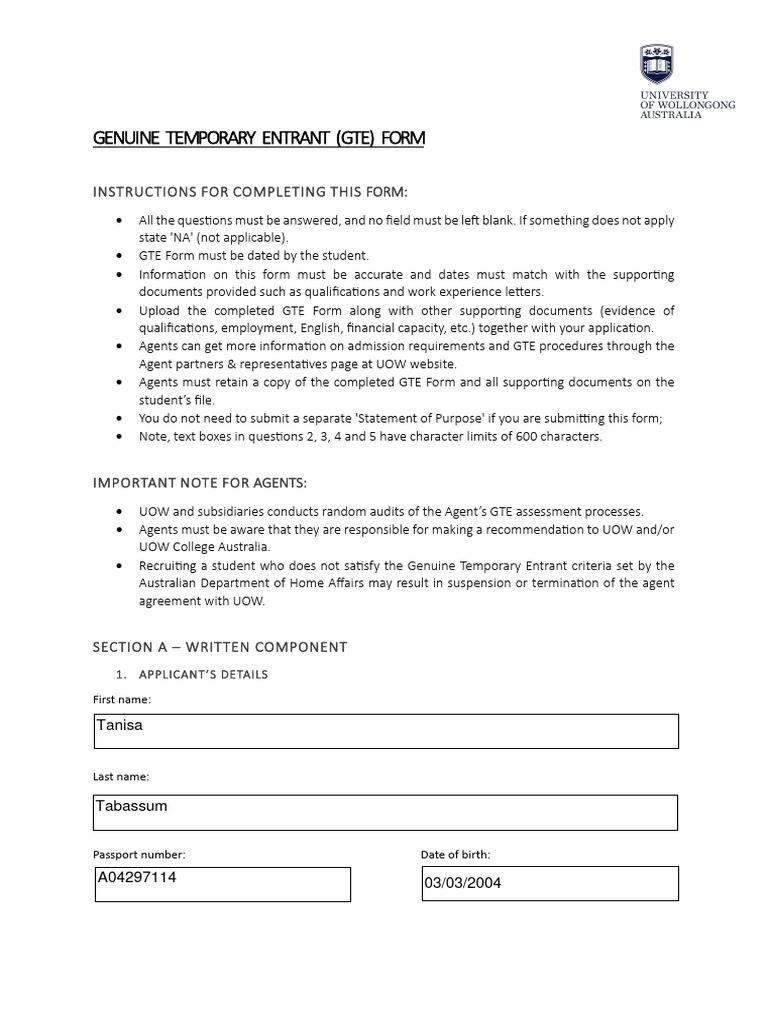 UOW Genuine Temporary Entrant (GTE) Form | Download Free PDF | Cost Of ...