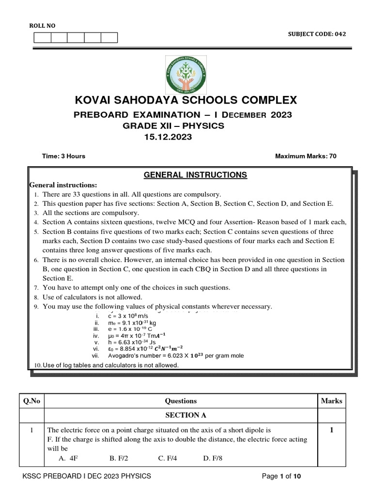 Kovai Sahodaya Schools Complex: Preboard Examination - I D 2023 Grade Xii - Physics 15.12.2023 ...