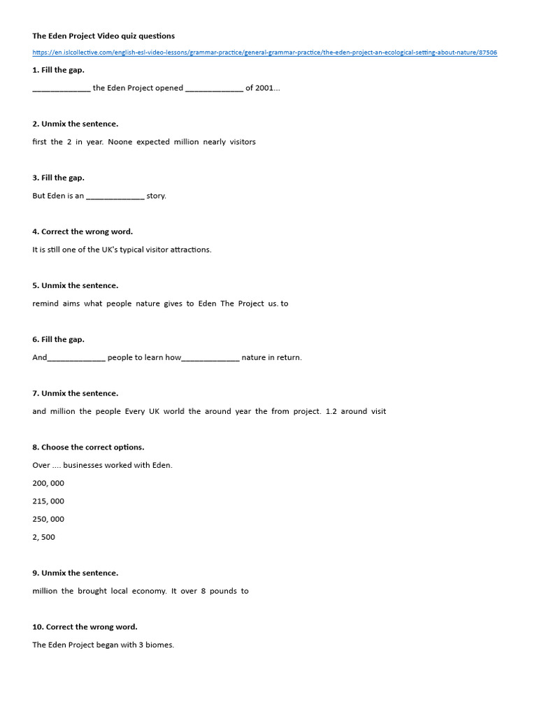 The Eden Project Video Quiz Questions | PDF | Home & Garden | Science & Mathematics