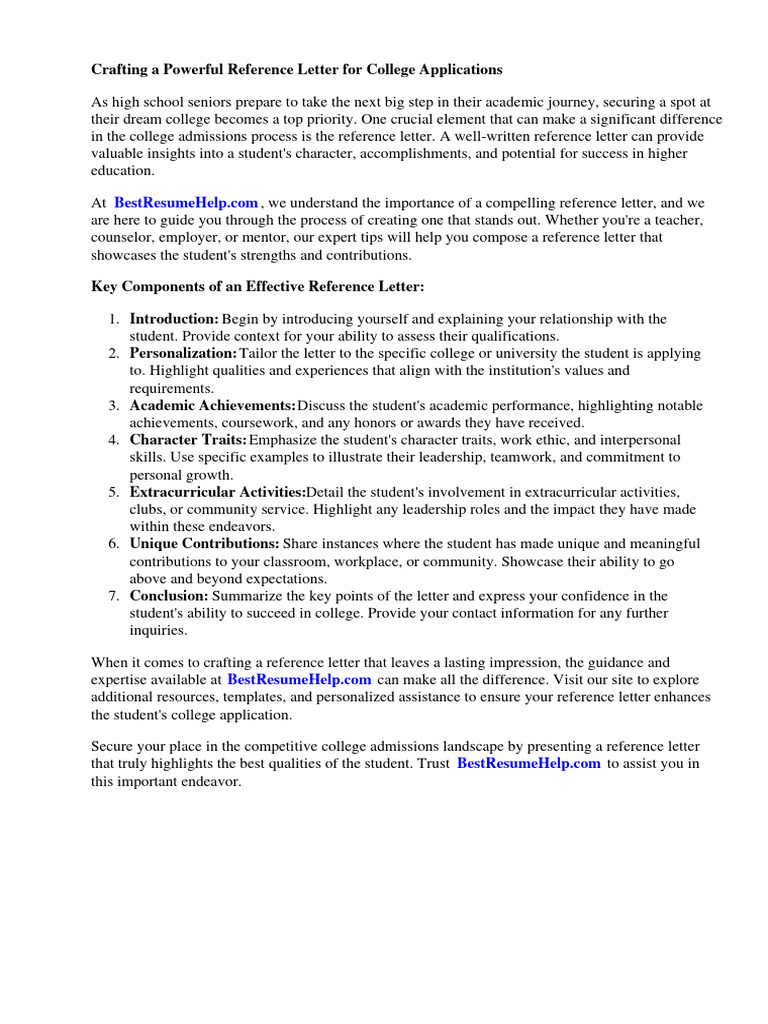Reference Letter For College | PDF | Leadership | Mentorship