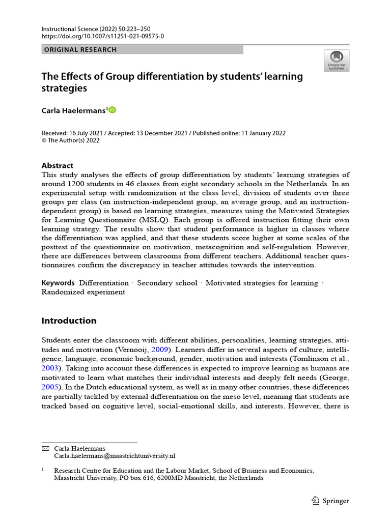 The Effects of Group Differentiation by Students' Learning Strategies | PDF | Metacognition ...
