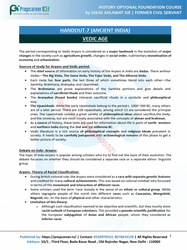 Supriya (9142340532) : Handout-7 (Ancient India) Vedic Age | PDF ...