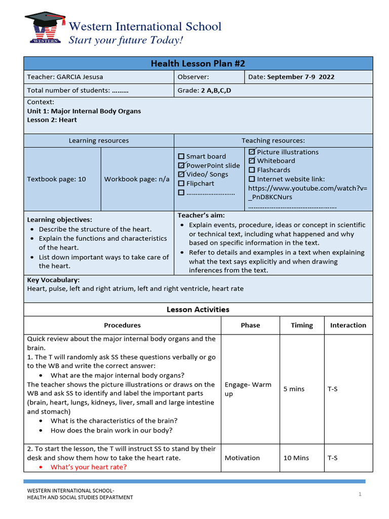 Grade 2 Heart Lesson Plan | PDF | Heart | Heart Rate