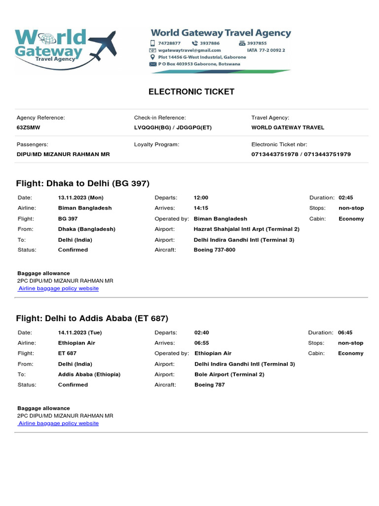 ELECTRONIC TICKET For DIPU MD MIZANUR RAHMAN MR Departure Date 13 11 ...